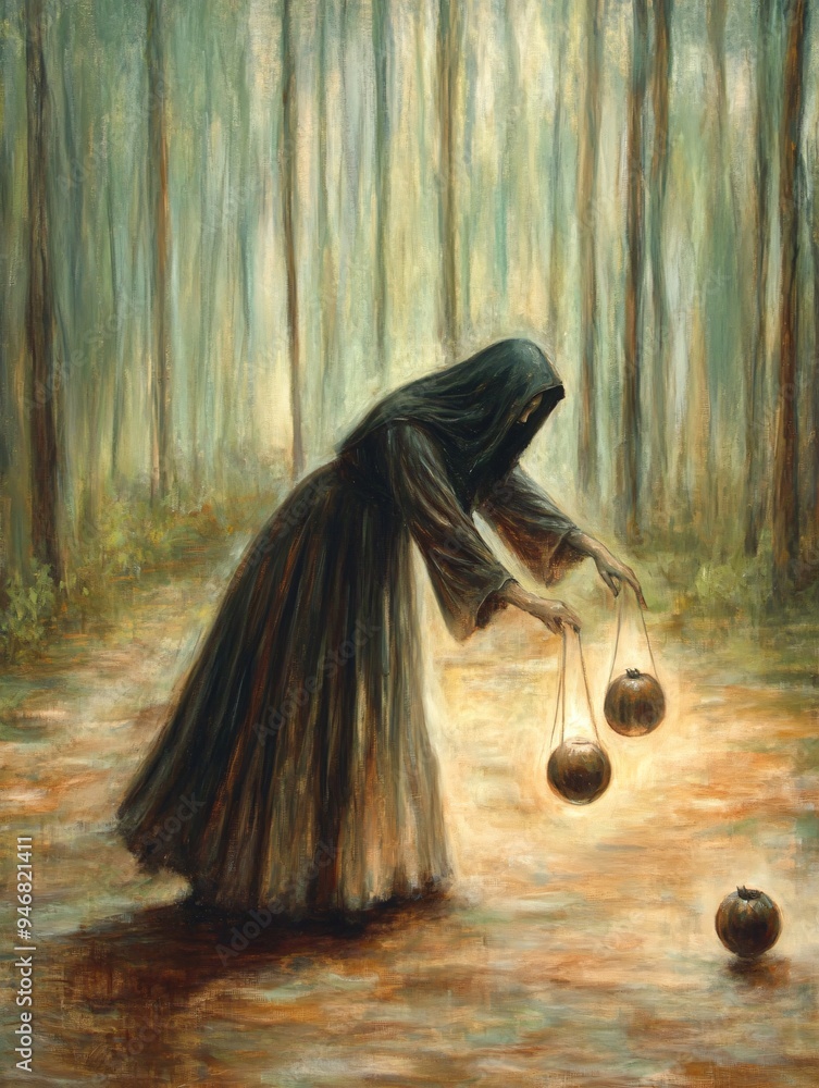Forest Witch with Glowing Lanterns: A mystical figure, shrouded in ...