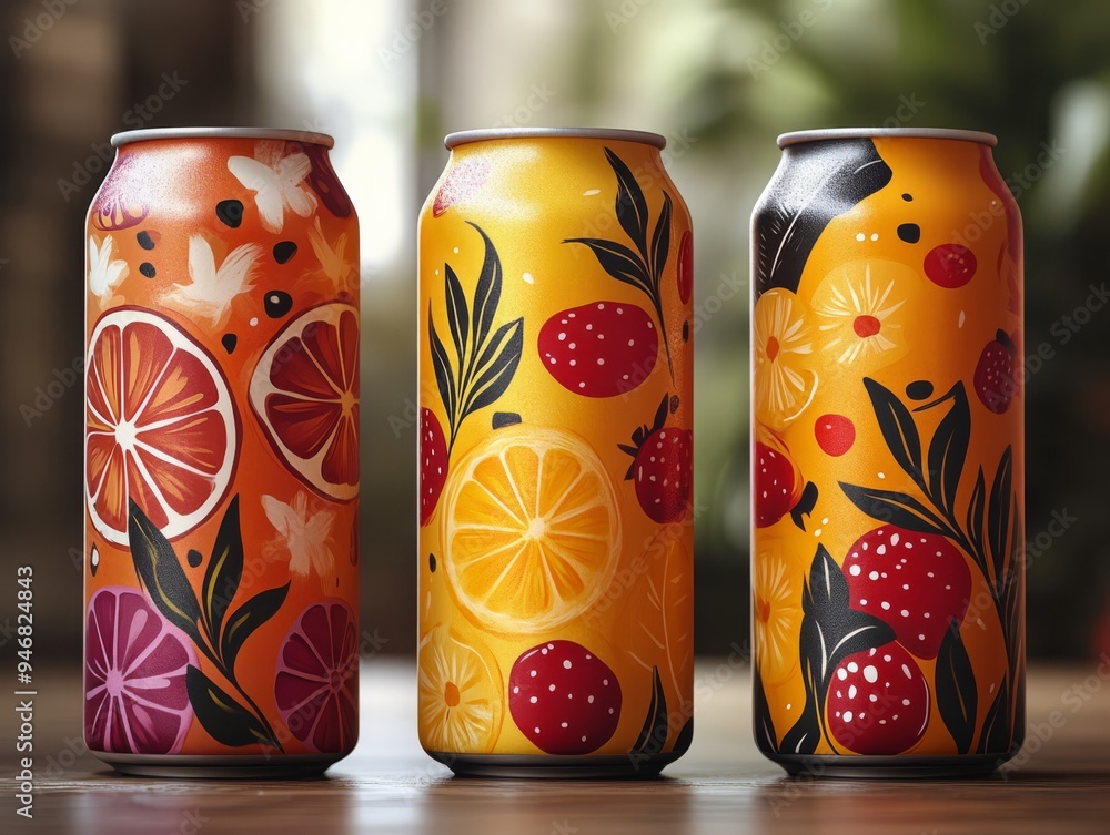 Modern and vibrant beverage packaging design, focus on label details ...