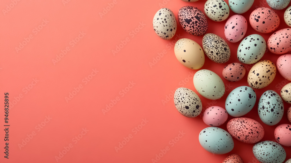 gradient arrangement of speckled quail eggs on coral to peach ...