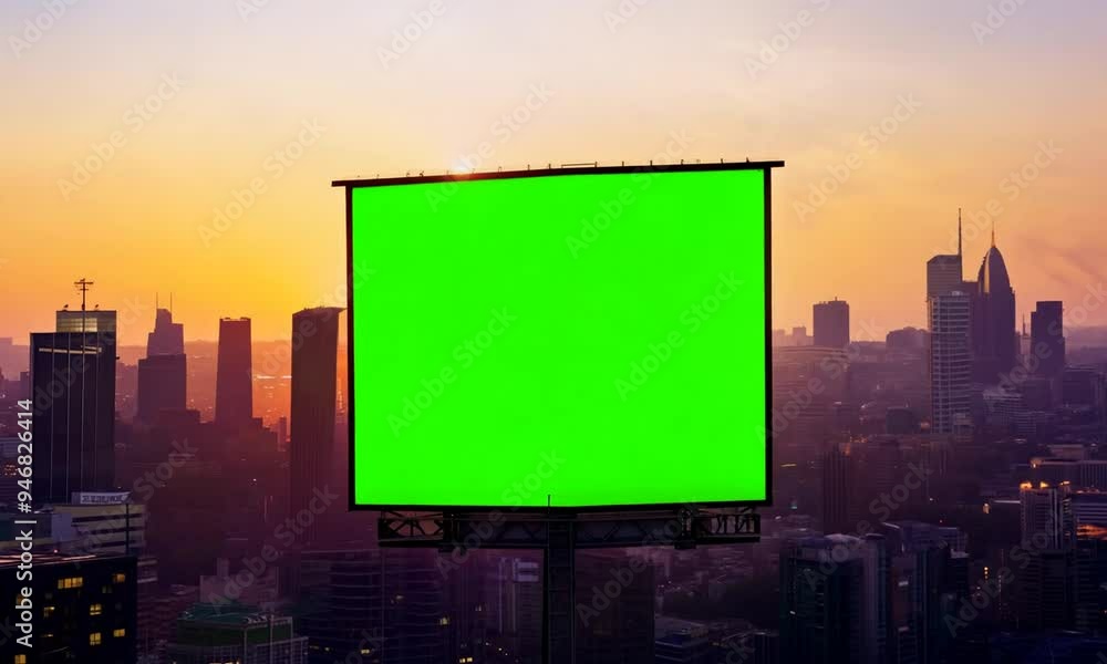 Dynamic green screen ad board, front view, over city skyline from day ...