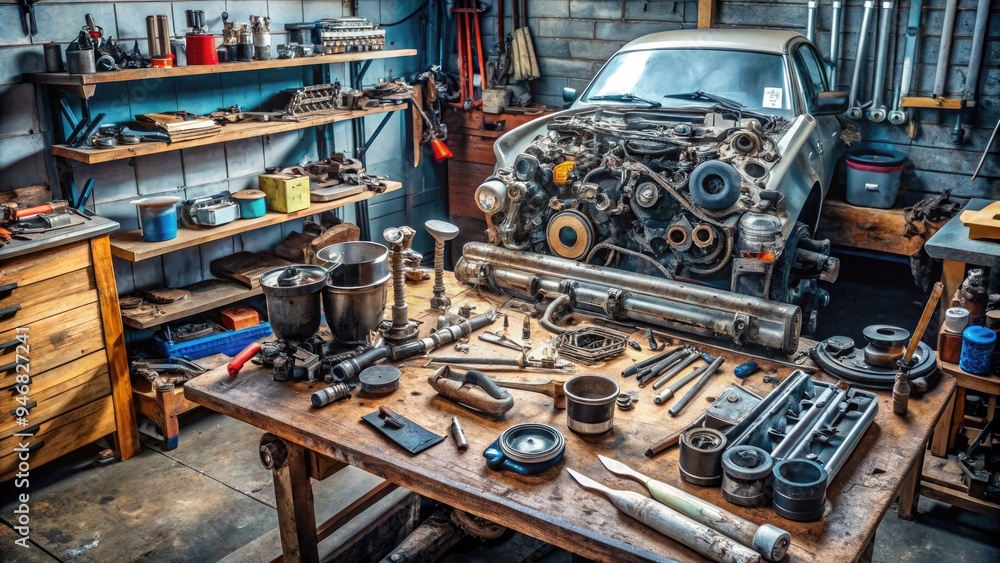 A cluttered workbench with a disassembled engine, surrounded by various ...