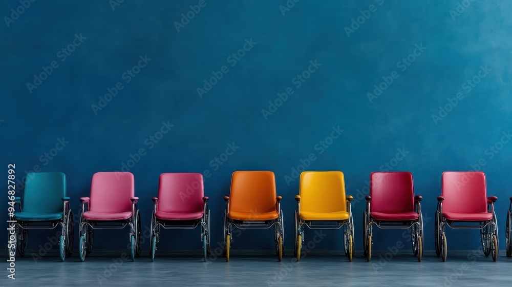 Several modern wheelchairs in various colors are neatly lined up ...