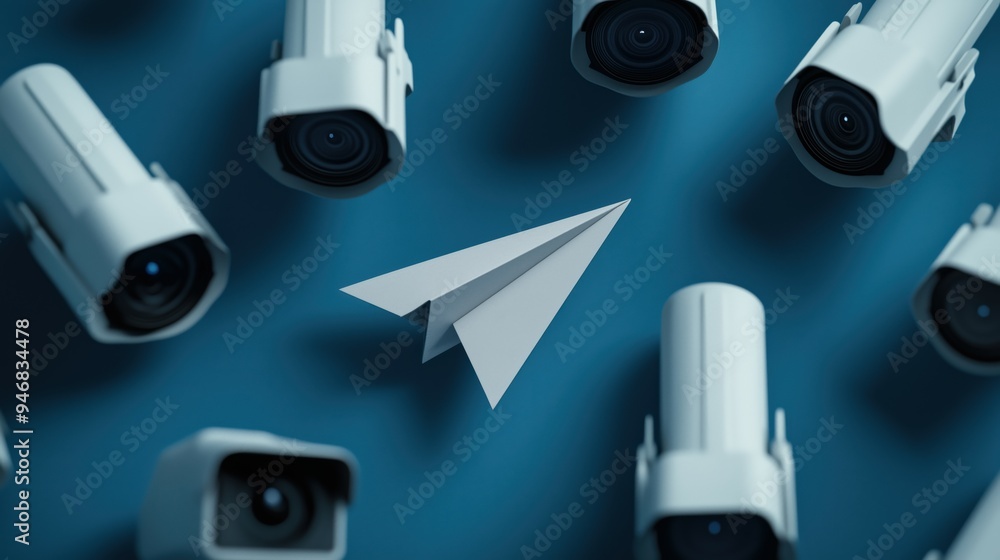 Paper Airplane with Surveillance Cameras: A paper airplane surrounded ...