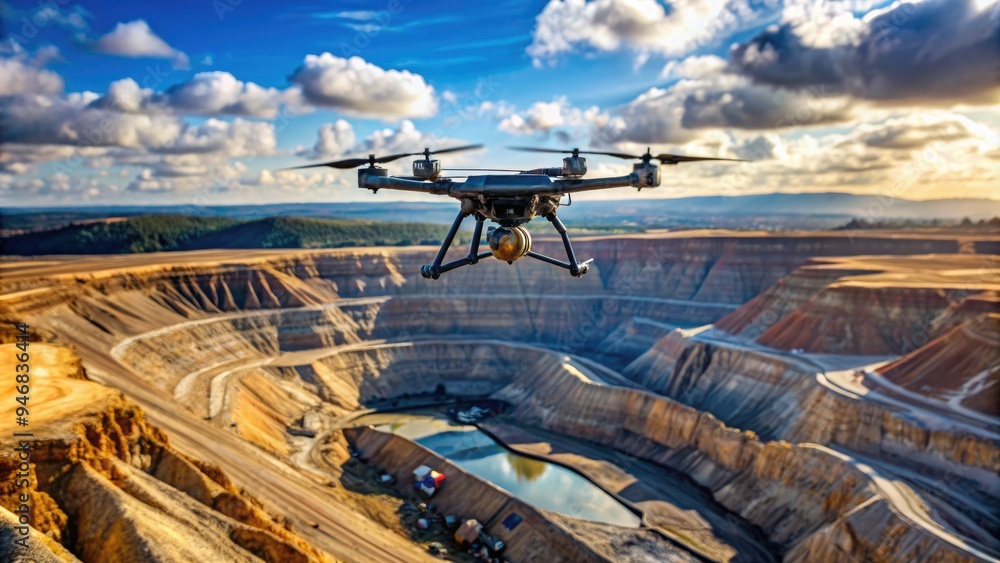 Aerial drone equipped with high-tech sensors flies over open-pit mine ...