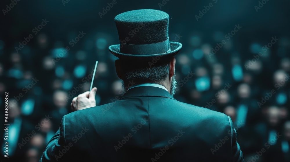 From the back, a conductor wearing a formal suit and a top hat leads an ...