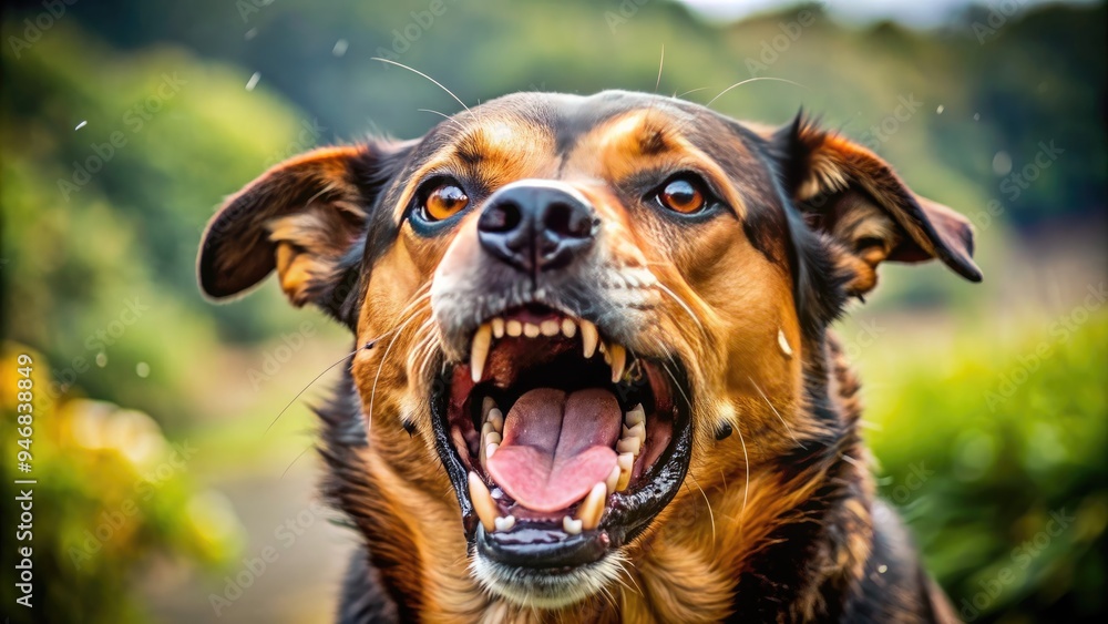 A furious aggressive dog, teeth bared, launches forward in a snarling ...