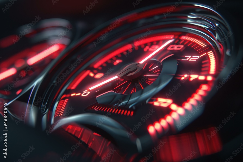 Red speedometer showing the needle reaching its maximum value ...