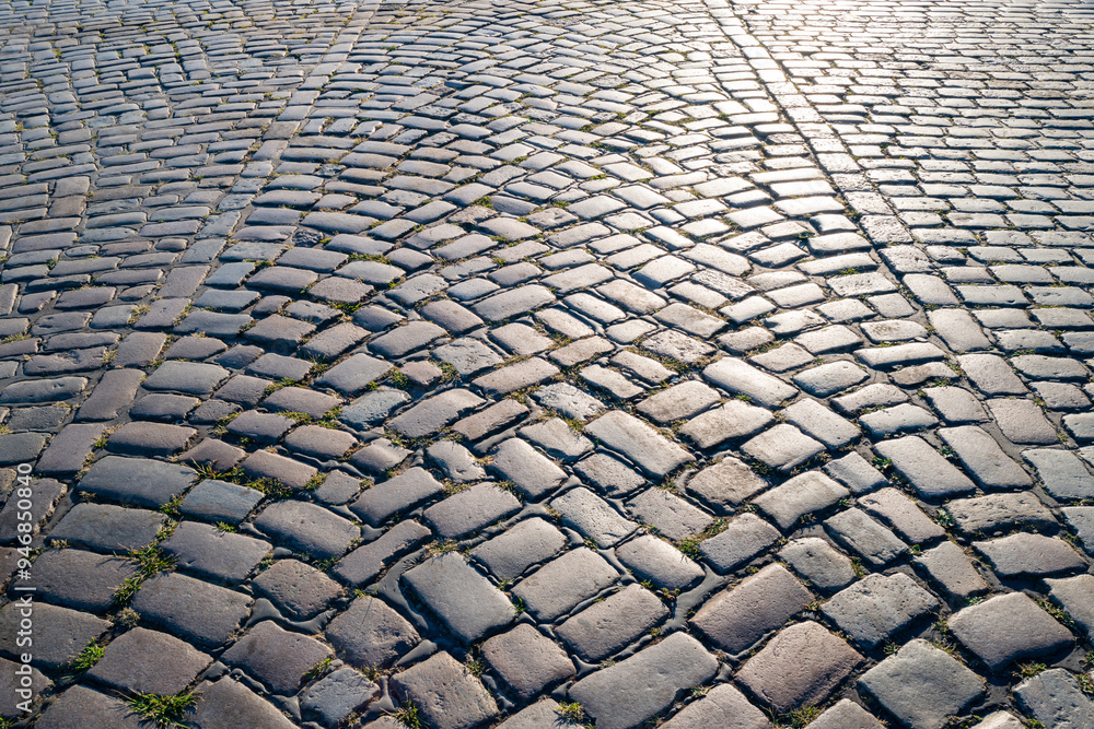 Stone road texture. Stone walk background. Granite cobblestoned ...