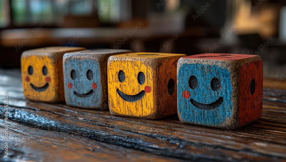 colorful wooden cubes with different happy and sad face emoji symbols ...