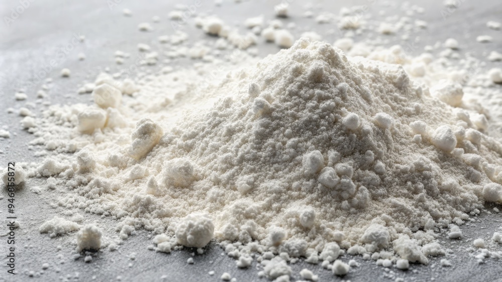 Aromatic white powder scattered randomly on a surface, forming a crisp ...