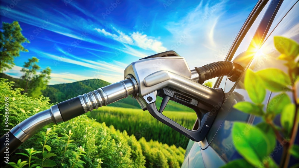 A shiny silver gas pump nozzle rests in a fuel tank, surrounded by lush ...
