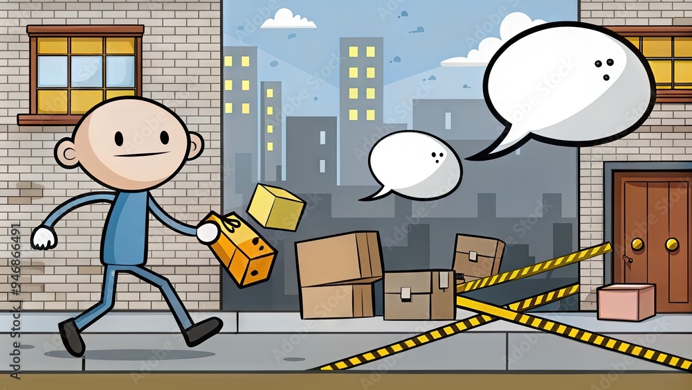 A sneaky stick figure creeps away with a sack of stolen goods ...