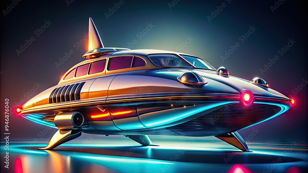 A vintage-futuristic spaceship boasts curved fins, neon accents, and a ...