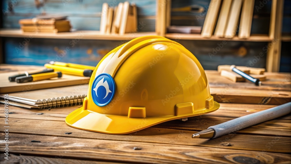 A yellow hard hat with a bold, blue circular logo emblazoned on the ...