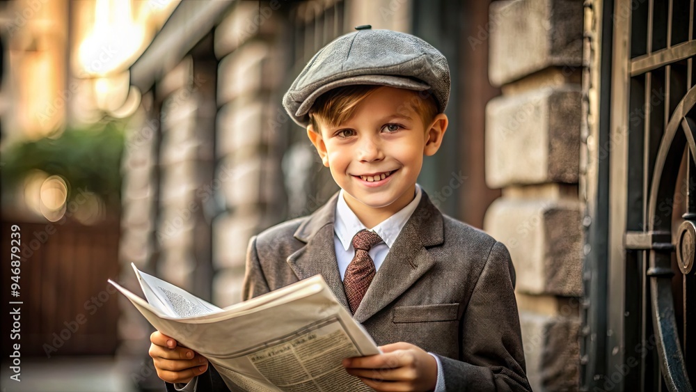 A young boy in a classic newsboy cap holds a folded newspaper, smiling ...