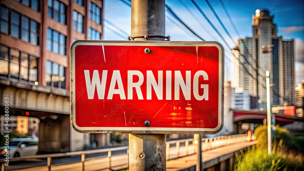 Bright red warning sign with bold white font and black outline, mounted ...
