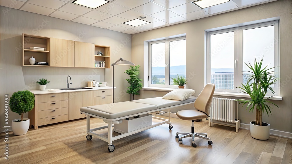 Clinical interior with a modern examination table, medical equipment ...