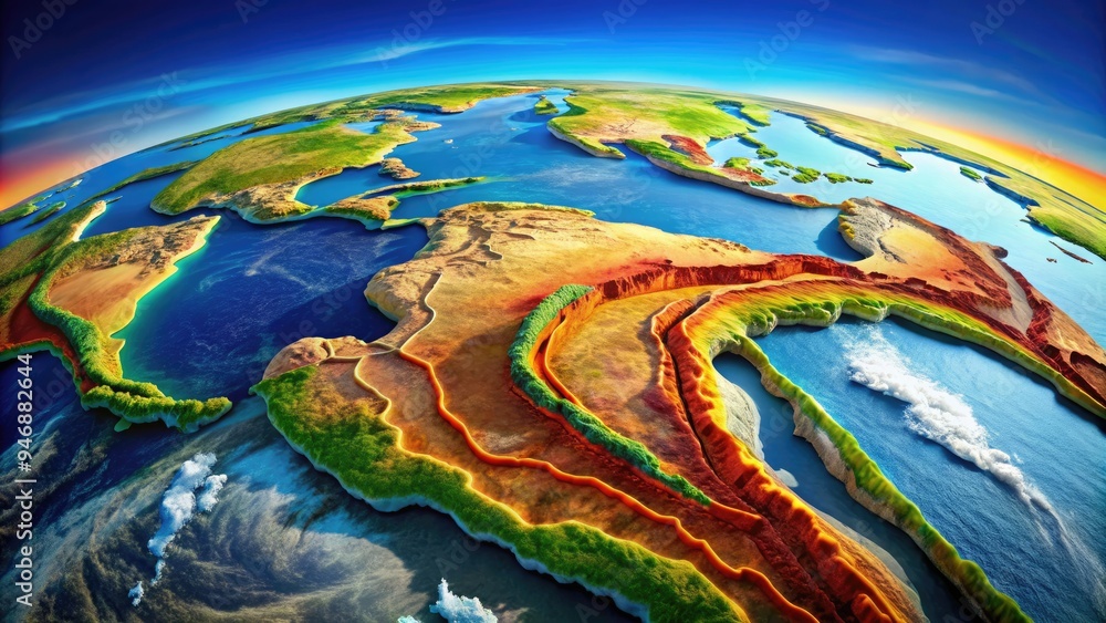Colorful 3D illustration of Earth's surface showing tectonic plate ...