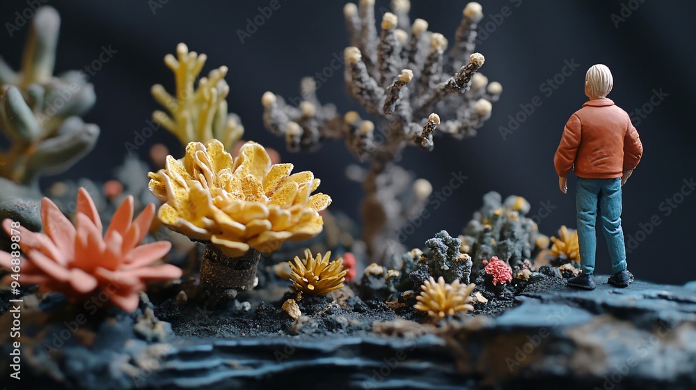 Tiny World, Big Dreams: A miniature man stands in awe of a vibrant ...