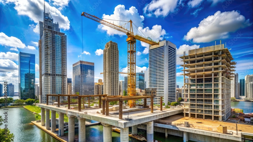 Crane rises above Miami cityscape, conveying progress and development as concrete columns and ...