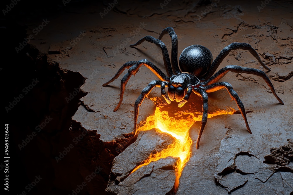 Spider in an ancient cave, depicted in an artwork that evokes a sense ...