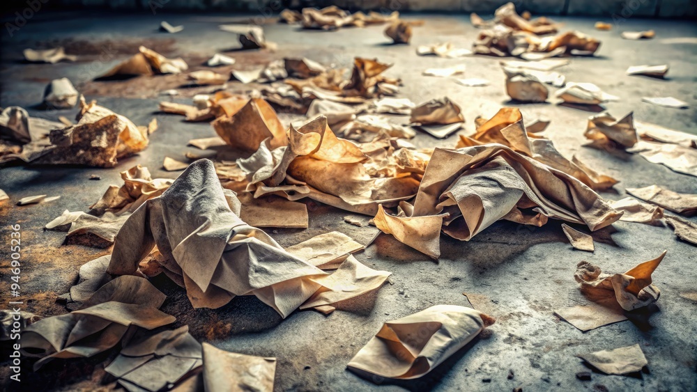 Faded, torn, and crumpled paper fragments strewn across a worn, rough ...