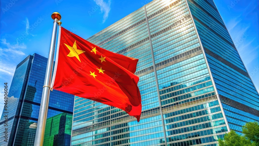 Flag of China waving in front of United Nations headquarters building in New York City ...