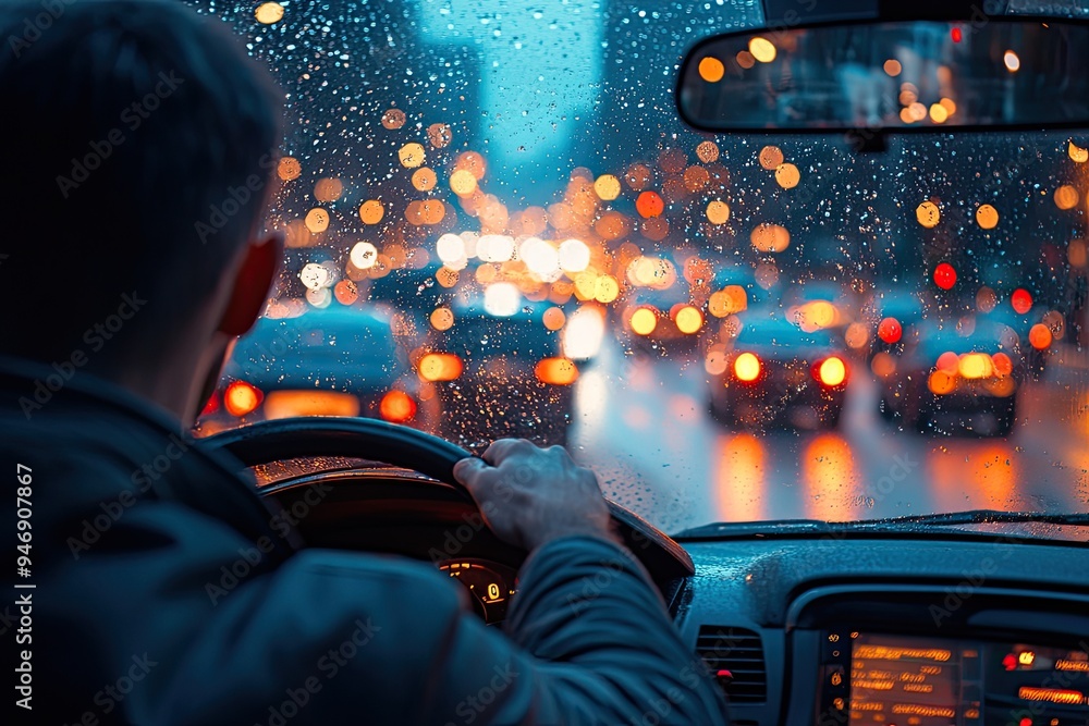 Driver's view of a rainy city at night. This image shows a driver's ...