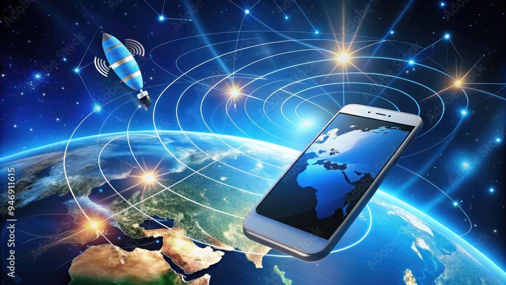 Global network connectivity symbolized by a smartphone surrounded by ...
