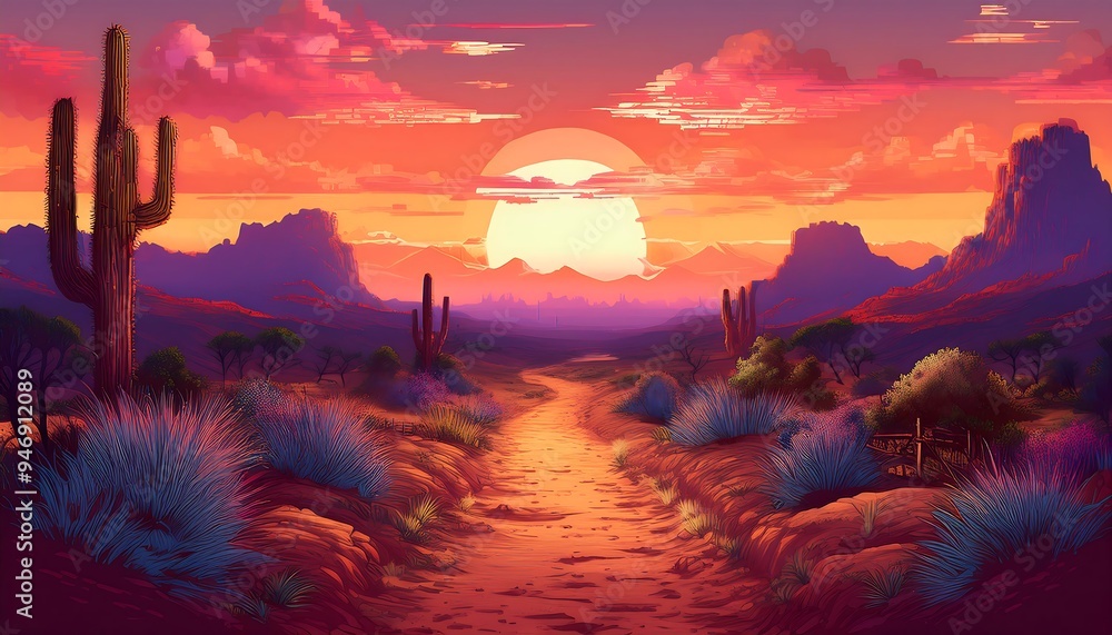 Pixelated Retro Sunset on a Desert Path - 16-bit artwork featuring a ...