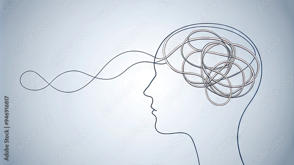 Intricate continuous line drawing depicts a thinker's mind, with ...