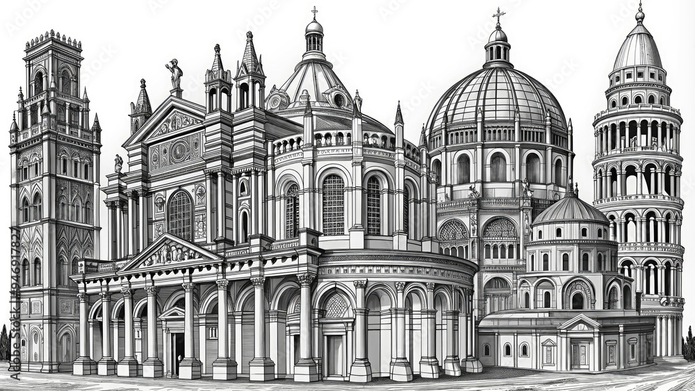Intricate line drawings of ancient ruins, majestic cathedrals, and ...