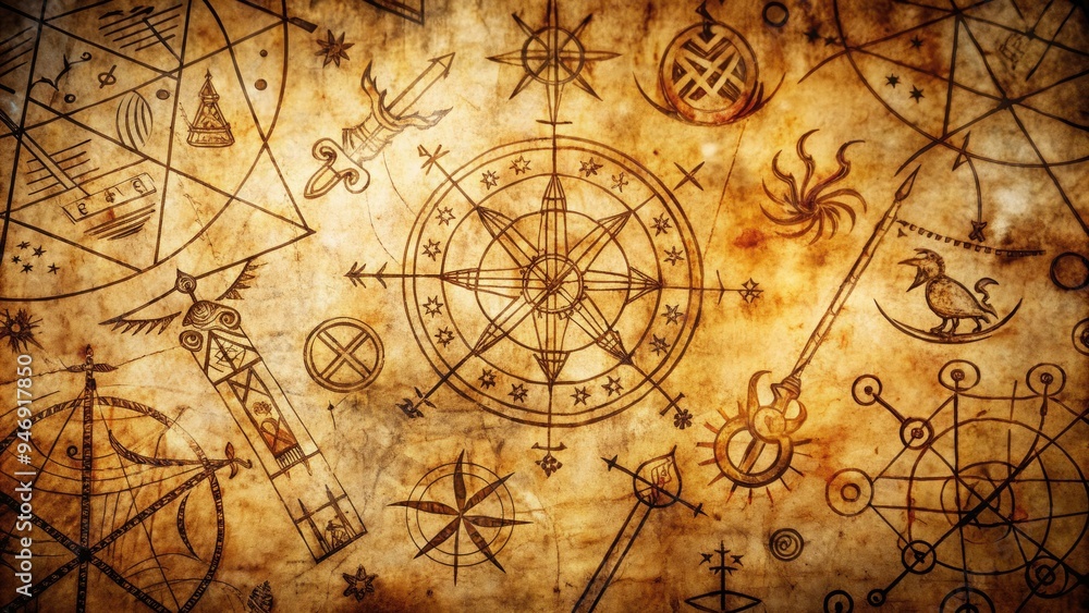 Intricate line drawings of ancient runes, mystical symbols, and ...