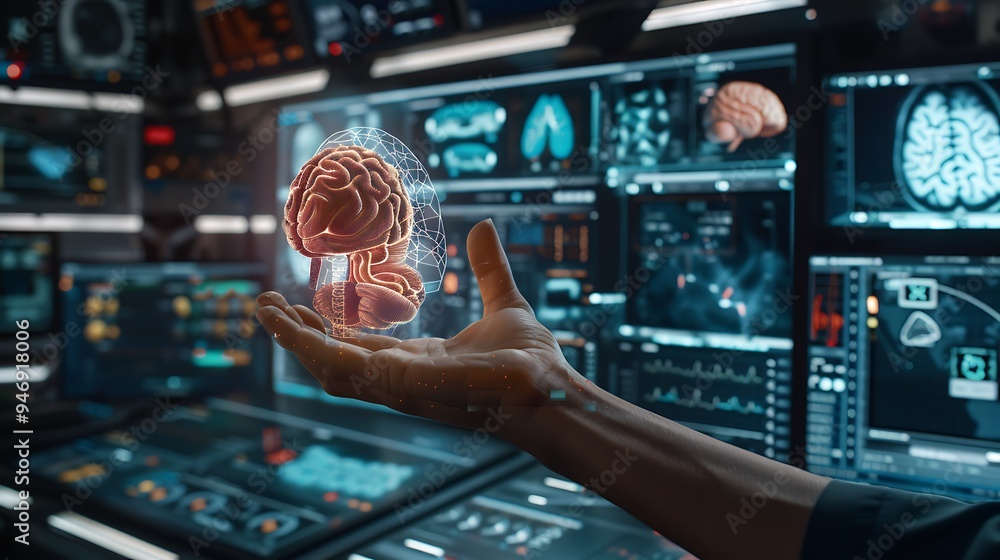 Doctor holding hologram of human organs in futuristic medical lab ...