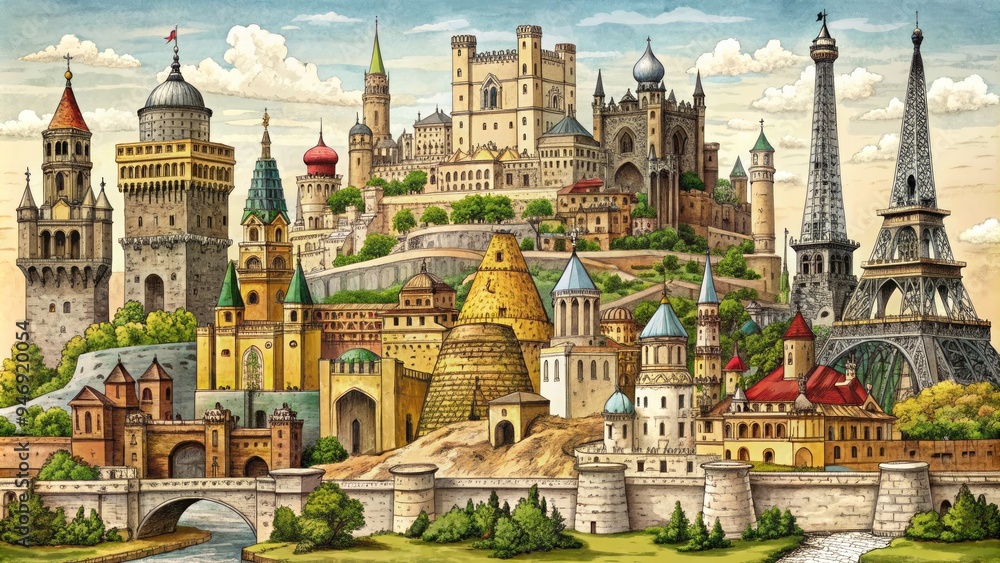 Intricate pen and ink illustrations of ancient ruins, medieval castles ...