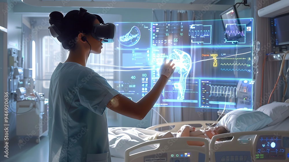 Advanced ICU room with a nurse leveraging augmented reality for real time patient monitoring ...