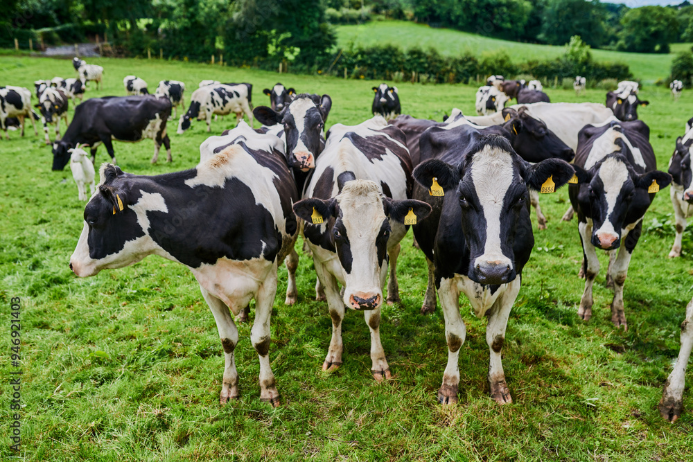 Cows, field and farm in countryside with livestock, herd and free range ...