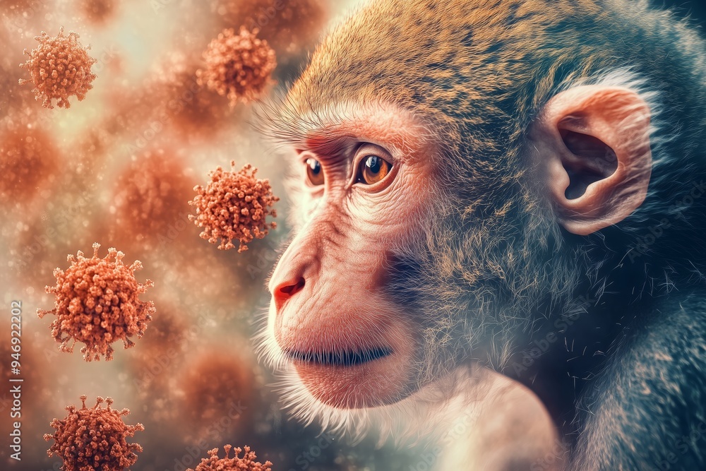 monkey animal with microscopic image of monkey pox virus. Mpox caused ...