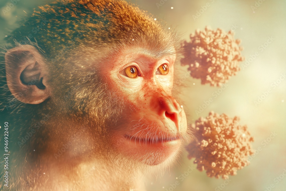 monkey animal with microscopic image of monkey pox virus. Mpox caused ...