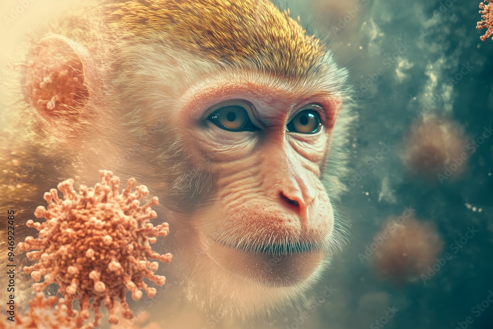 monkey animal with microscopic image of monkey pox virus. Mpox caused ...