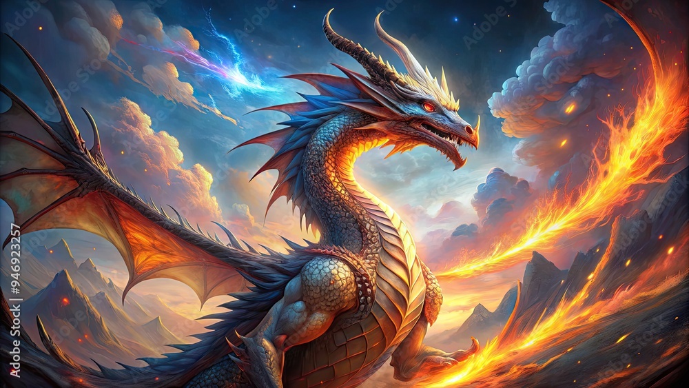 Magnificent dragon with radiant, iridescent scales and fiery breath ...