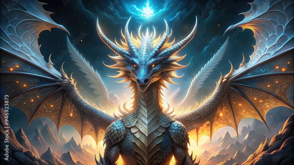 Majestic dragon with radiant, ethereal wings and piercing, luminescent ...
