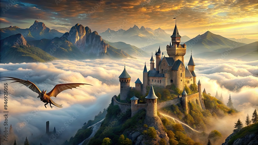 Majestic medieval castle with soaring turrets and grand architecture ...