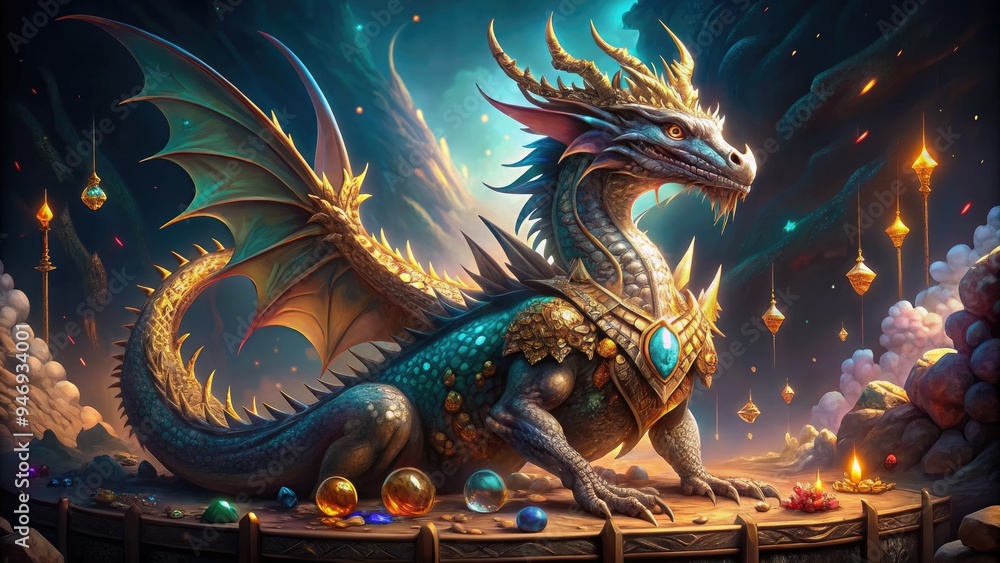 Regal dragon adorned with glittering jewels and a majestic crown ...