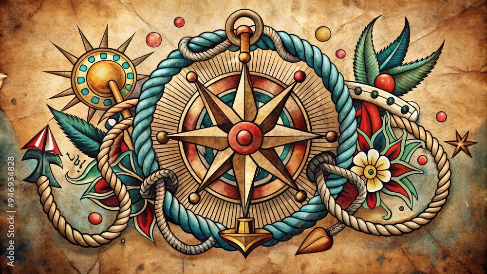 Retro-styled tattoo design featuring anchors, ropes, and nautical ...