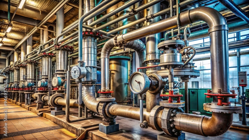 Rustic industrial pipeline system with a large metal filter unit ...