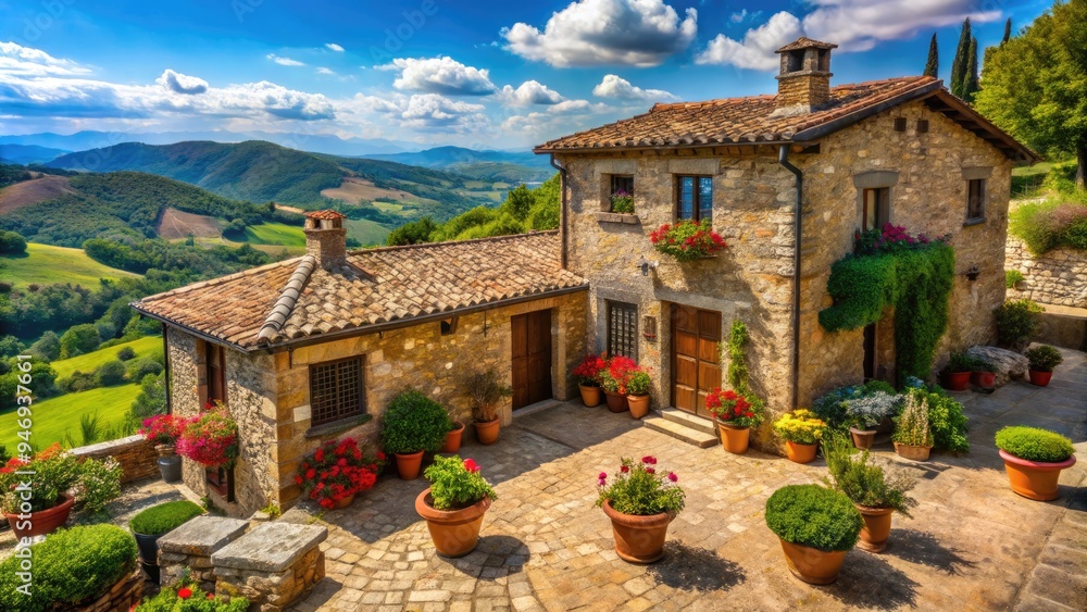 Rustic Italian stone house with terracotta roofs and blooming flower ...
