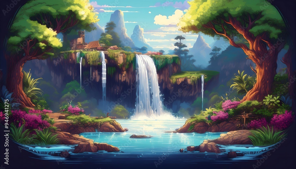 Pixelated Pixel Art Waterfall Scene - a lush forest scene featuring a ...