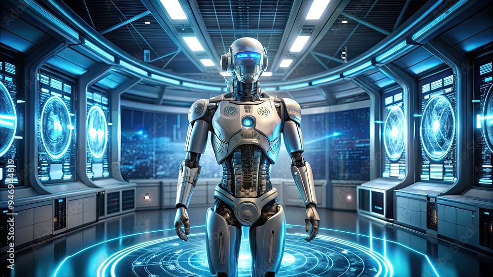 Sleek, metallic humanoid robot with glowing blue circuits and ...