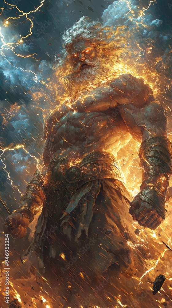 An epic scene of Zeus in the midst of battle, hurling thunderbolts at ...
